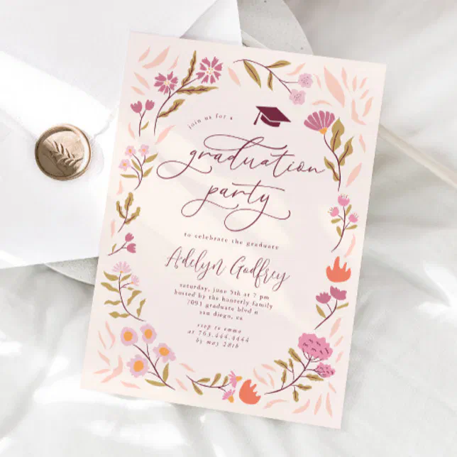 Pink Wildflowers Graduation Party Invitation | Zazzle