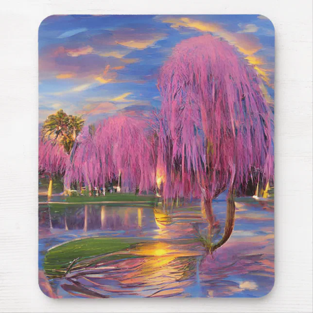 Pink Willow trees at sunset by the pond Mouse Pad | Zazzle