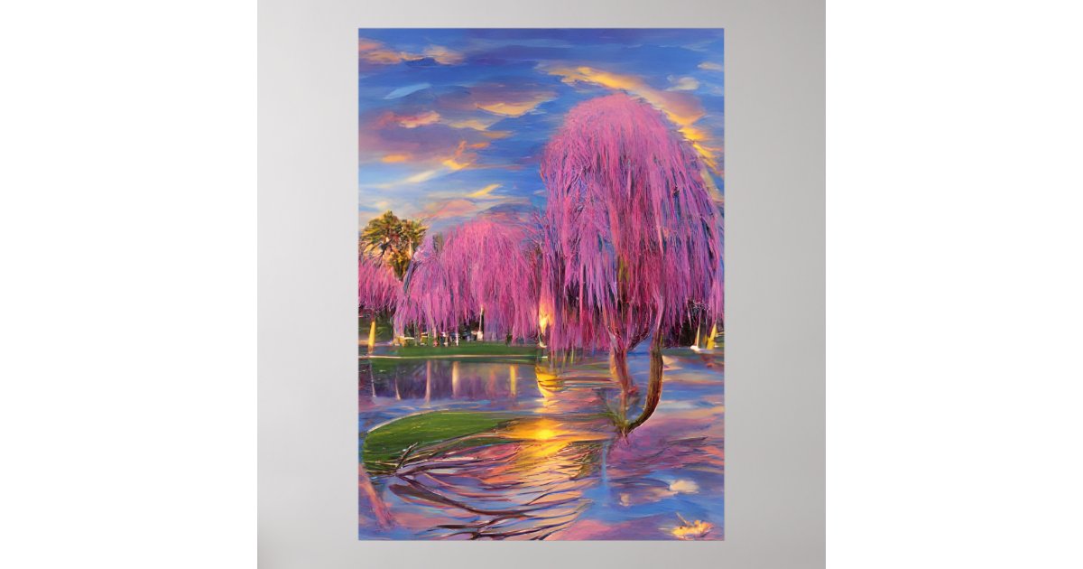 Pink Willow trees at sunset by the pond Poster | Zazzle