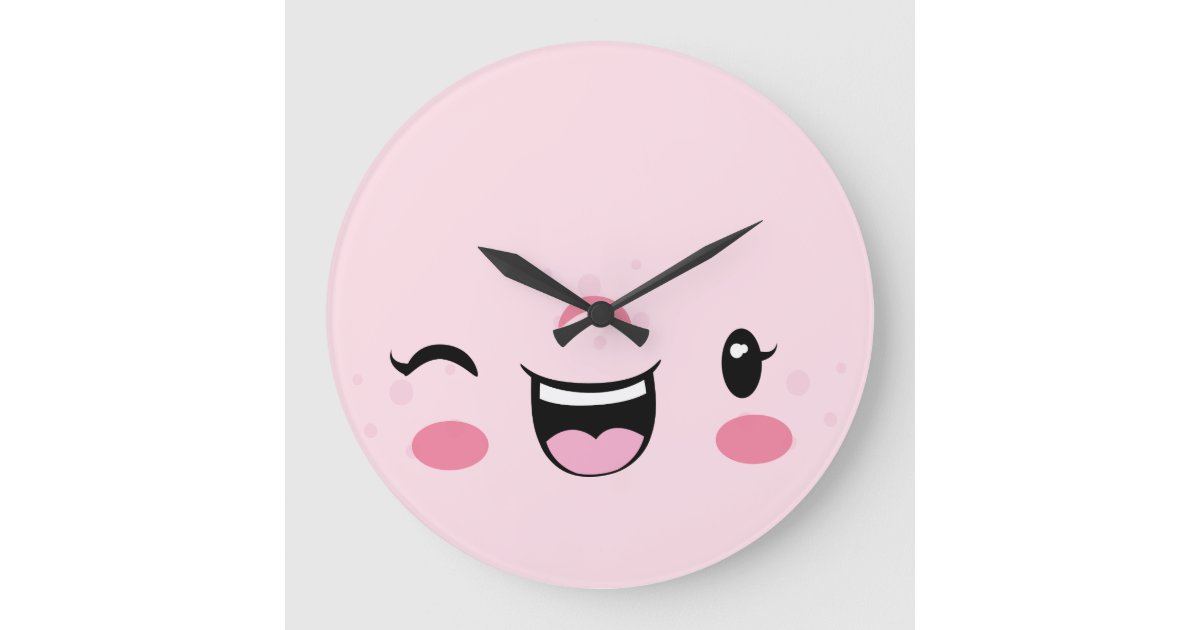 Pink Winking Kawaii Face Wall Clock | Zazzle