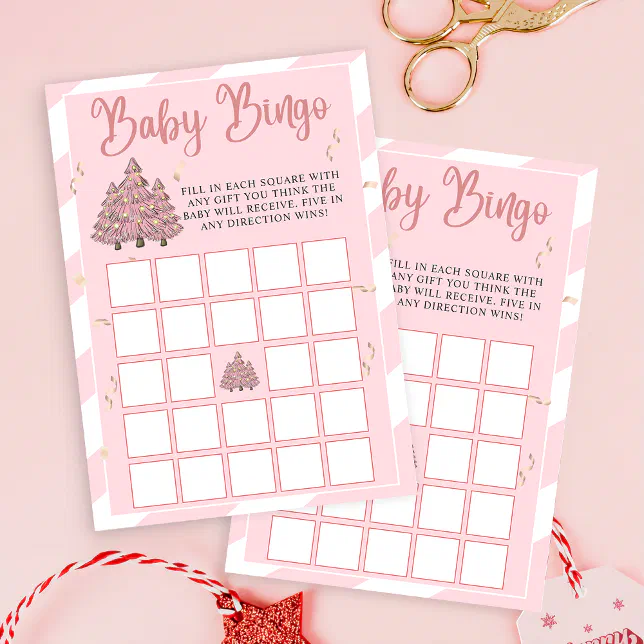 Pink Winter Christmas Tree Baby Shower Bingo Game Invitation | Zazzle