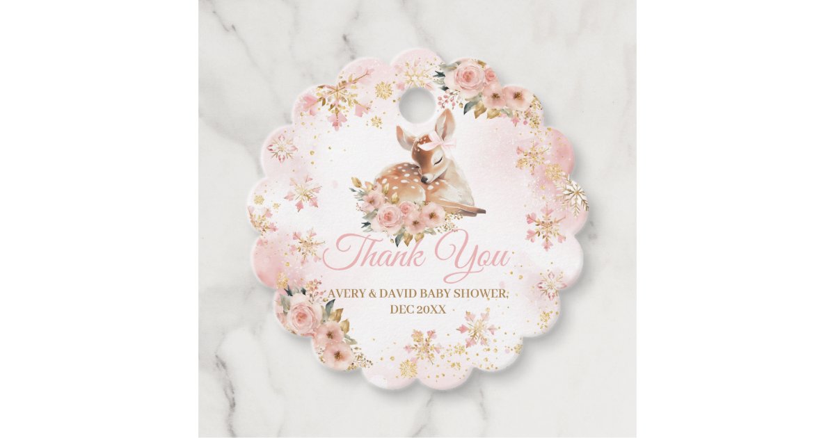 Pink Winter Deer Its a Girl Baby Shower Favor Tags | Zazzle