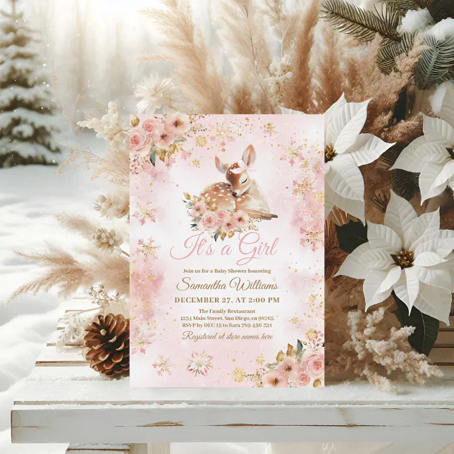Pink Winter Deer Its a Girl Baby Shower Invitation | Zazzle