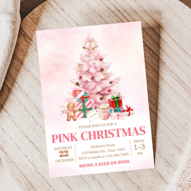 Pink Winter Tree Christmas Party Invitation | Zazzle