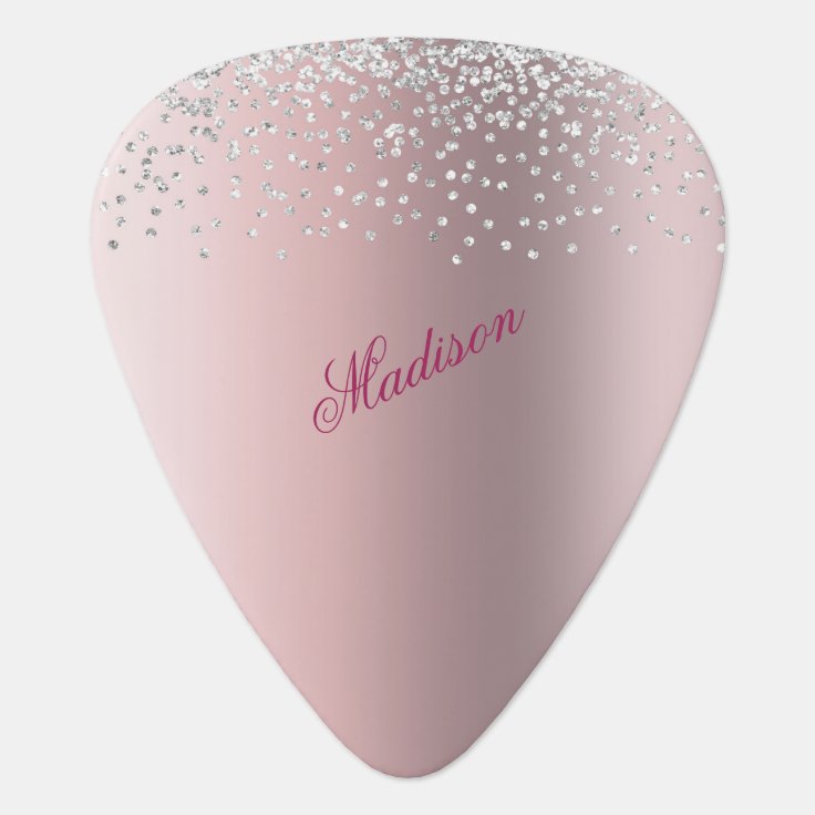 Pink with Silver Glitter Monogrammed Guitar Pick | Zazzle