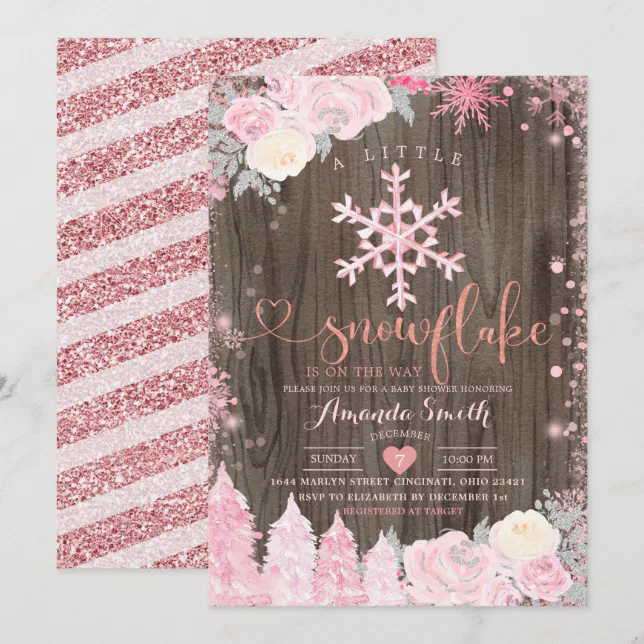 Pink Wood A Little Snowflake Floral Baby Shower Invitation | Zazzle