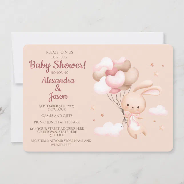 Pink Woodland Bunny Rabbit Baby Shower Invitation | Zazzle