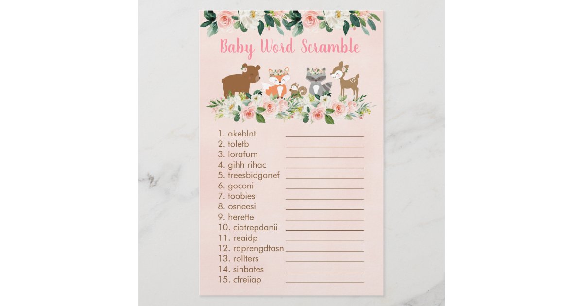 Pink Woodland Floral Baby Word Scramble Game | Zazzle