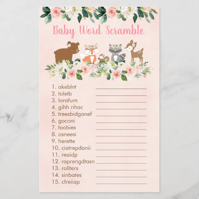Pink Woodland Floral Baby Word Scramble Game | Zazzle