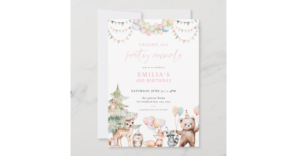 Pink Woodland Party Animals Birthday Invitation | Zazzle