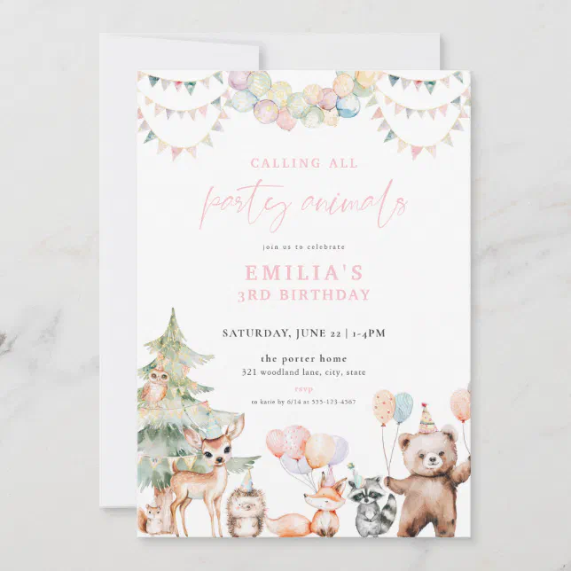 Pink Woodland Party Animals Birthday Invitation | Zazzle