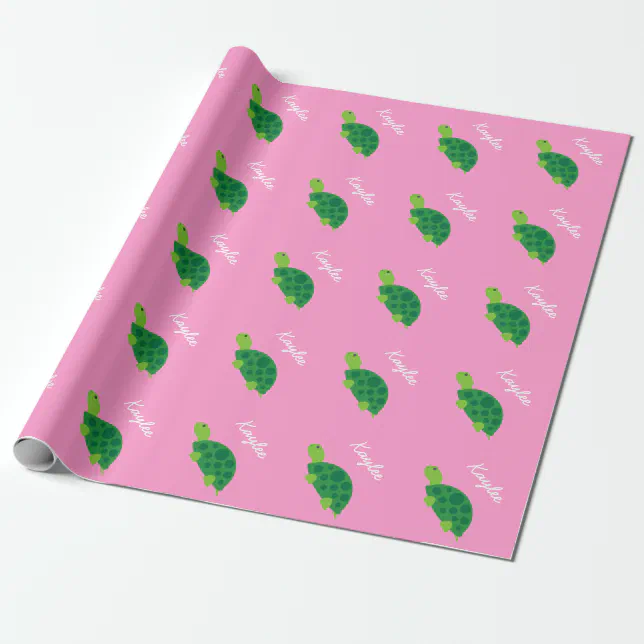 Pink wrapping paper with cute green baby turtle | Zazzle