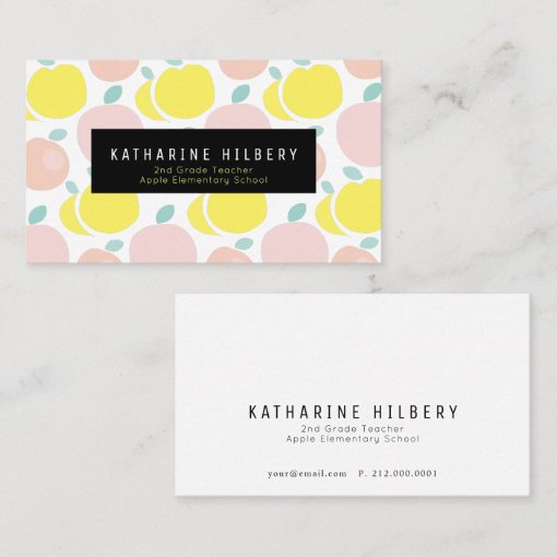 Pink & Yellow Apple Pattern Teacher Business Card | Zazzle
