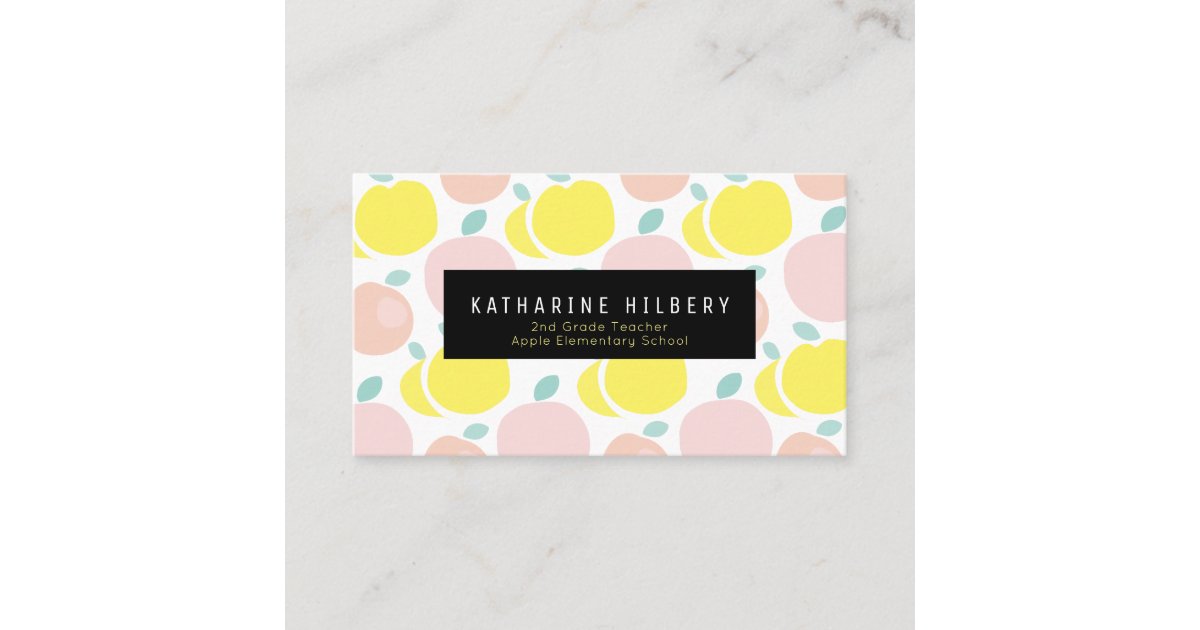 Pink & Yellow Apple Pattern Teacher Business Card | Zazzle