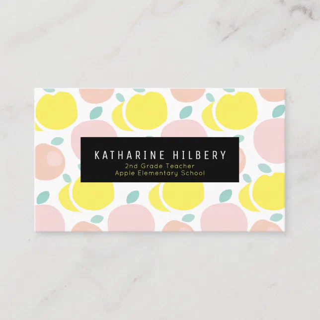 Pink & Yellow Apple Pattern Teacher Business Card | Zazzle