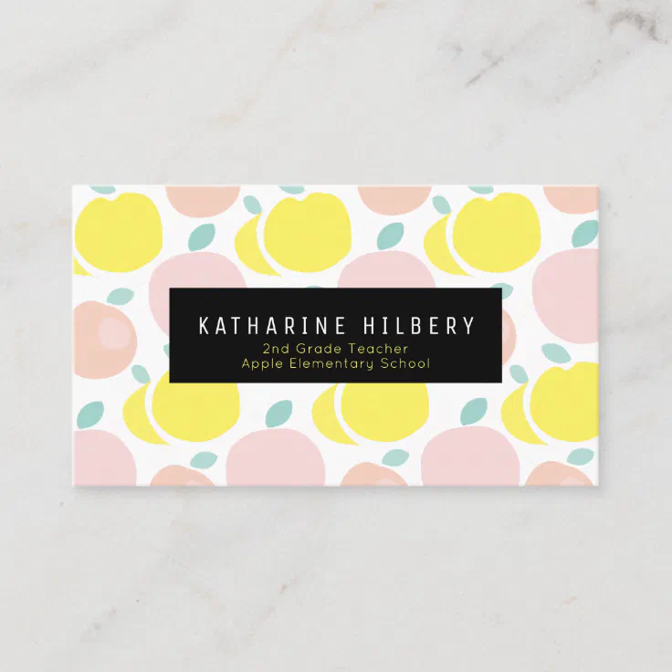 Pink & Yellow Apple Pattern Teacher Business Card | Zazzle