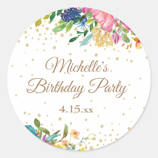 Pink Yellow Blue Floral Birthday Party Classic Round Sticker | Zazzle.com