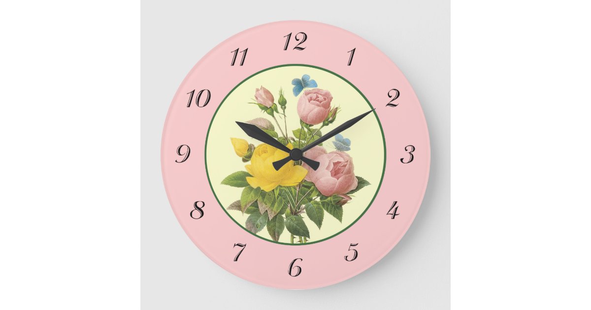 Pink Yellow Botanical Roses Wall Clock | Zazzle