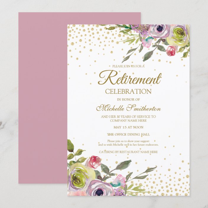 Pink Yellow Floral Gold Glitter Retirement Party Invitation | Zazzle.com