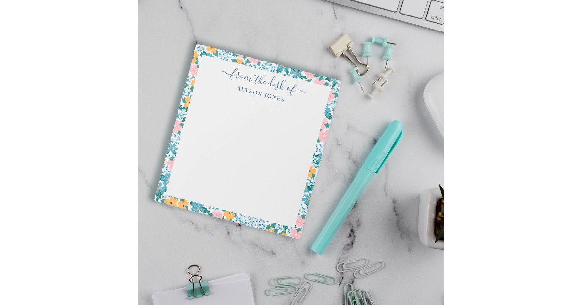 Pink Yellow Floral Pattern Border From the Desk of Notepad | Zazzle