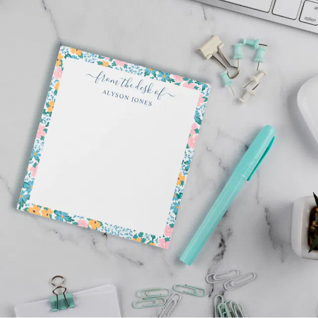 Pink Yellow Floral Pattern Border From the Desk of Notepad | Zazzle