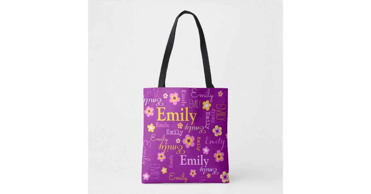 Pink yellow flower custom name Emily tote bag | Zazzle