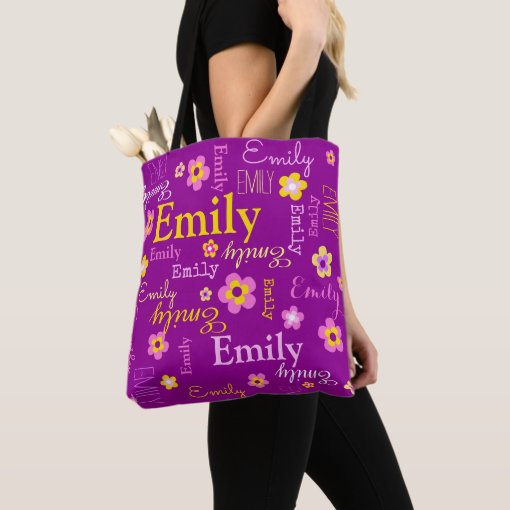 Pink yellow flower custom name Emily tote bag | Zazzle