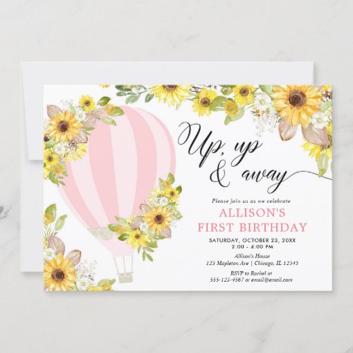 Pink yellow hot air balloon sunflowers birthday invitation | Zazzle