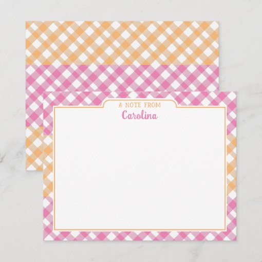 Pink & Yellow Orange Preppy Gingham Stationery Note Card | Zazzle