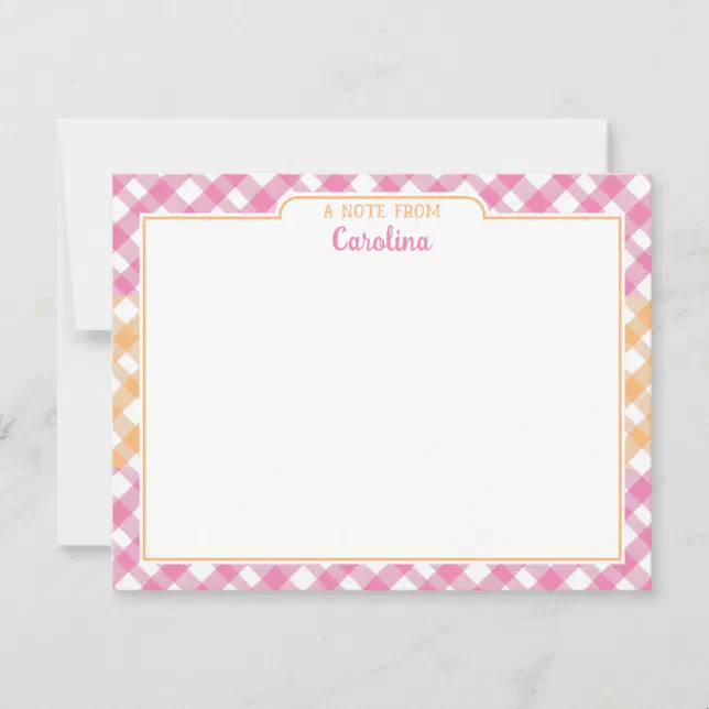 Pink & Yellow Orange Preppy Gingham Stationery Note Card | Zazzle