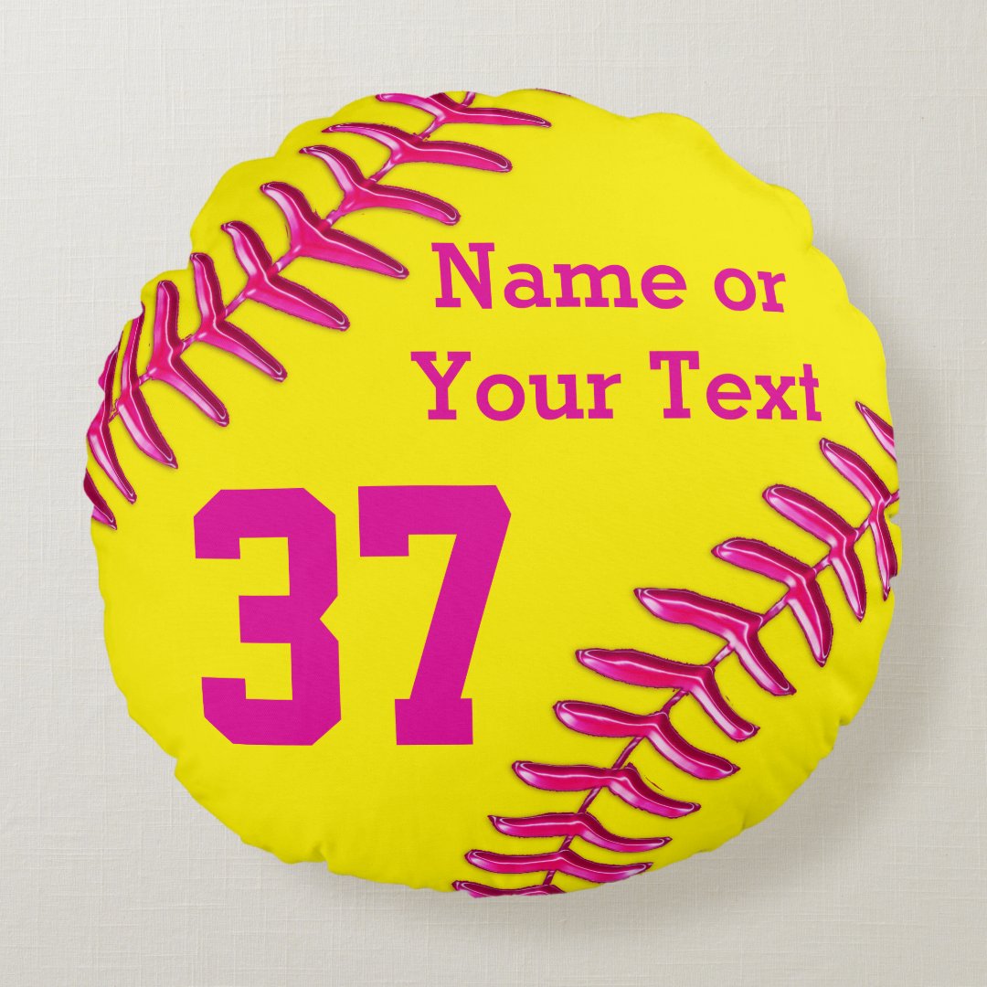 PINK, Yellow PERSONALIZED Round Softball Pillows | Zazzle