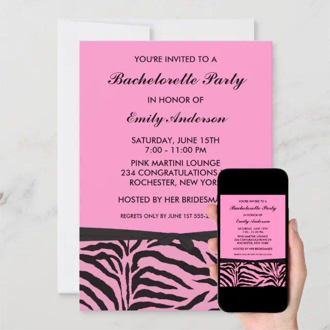 Pink Zebra Bachelorette Party Invitations Zazzle