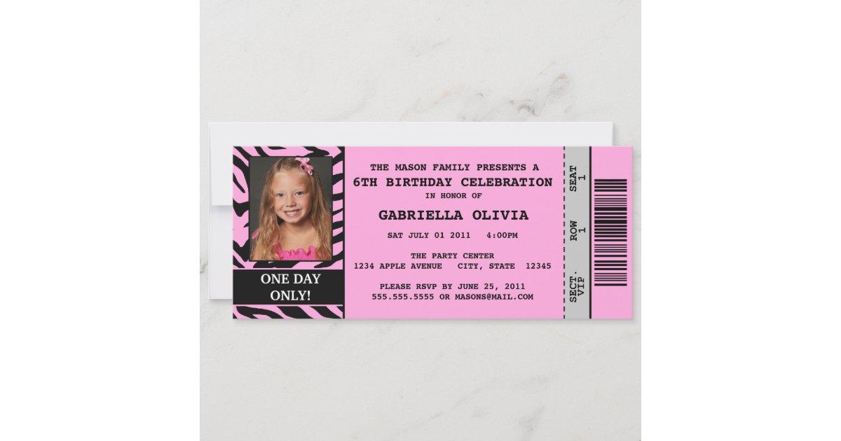 Pink Zebra Event Ticket Birthday Party Invitation | Zazzle