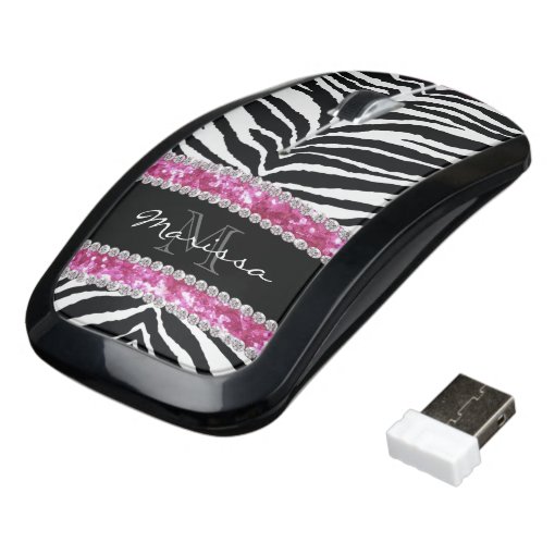 Pink Zebra Faux Glitter Bling Monogrammed Girly Wireless Mouse | Zazzle