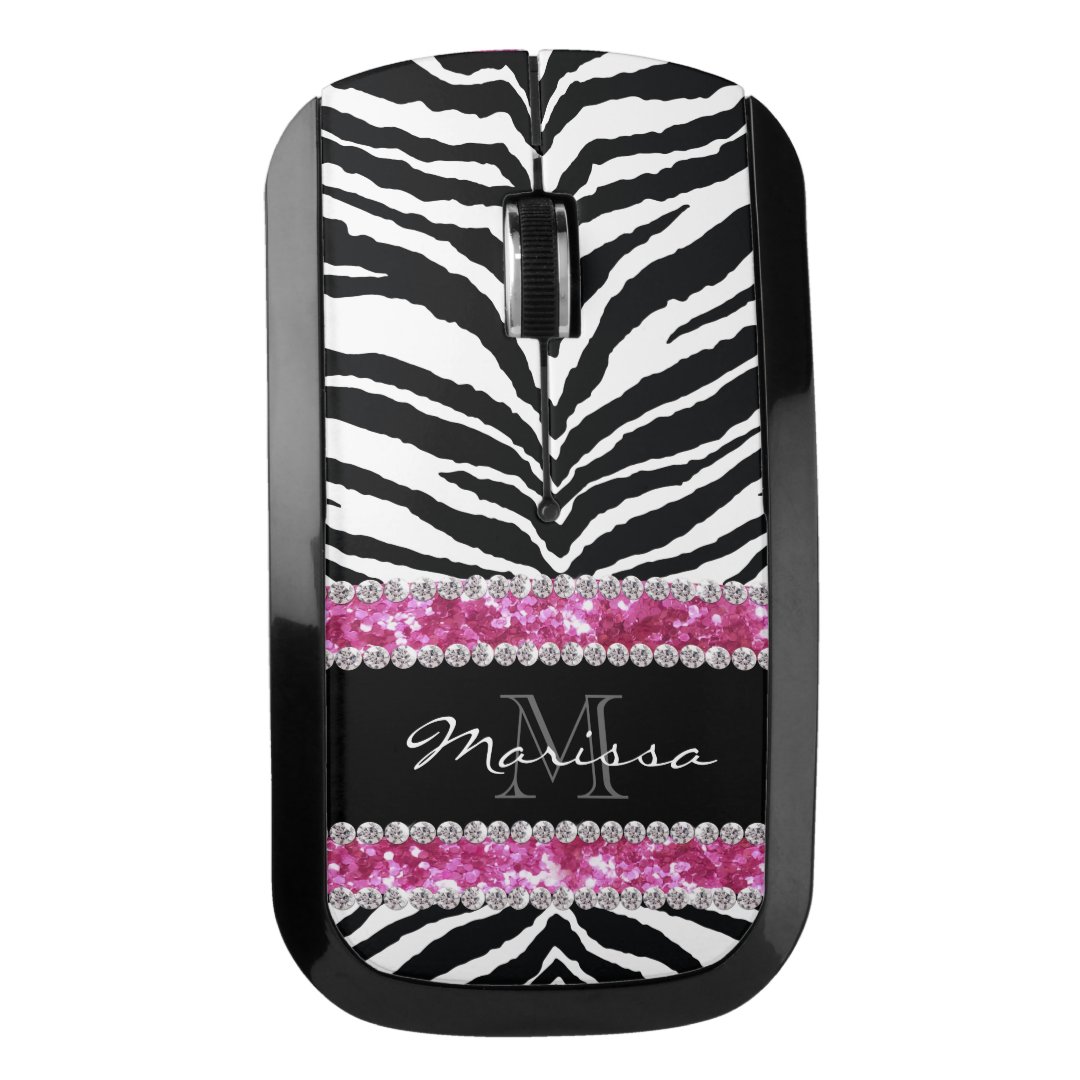 Pink Zebra Faux Glitter Bling Monogrammed Girly Wireless Mouse | Zazzle