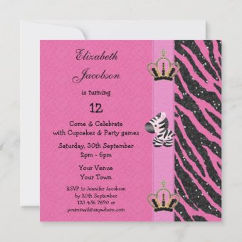 Pink Zebra, Princess Crowns & Animal Print Glitter Invitation | Zazzle