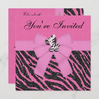 Pink Zebra, Princess Crowns & Animal Print Glitter Invitation | Zazzle