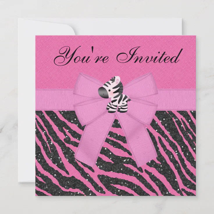 Pink Zebra, Princess Crowns & Animal Print Glitter Invitation | Zazzle