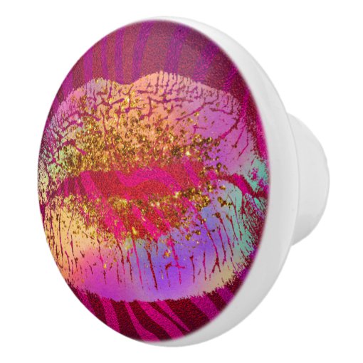 Pink Zebra Print Rainbow Gold Glitter Lips Kiss Ceramic Knob | Zazzle