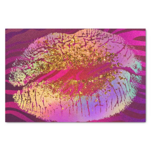 Pink Zebra Print Rainbow Gold Glitter Lips Party Tissue Paper | Zazzle