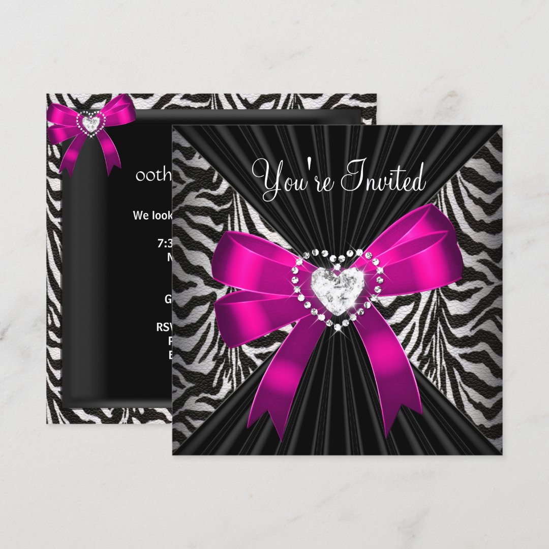Pink Zebra Stripe Black Birthday Party Image Invitation | Zazzle