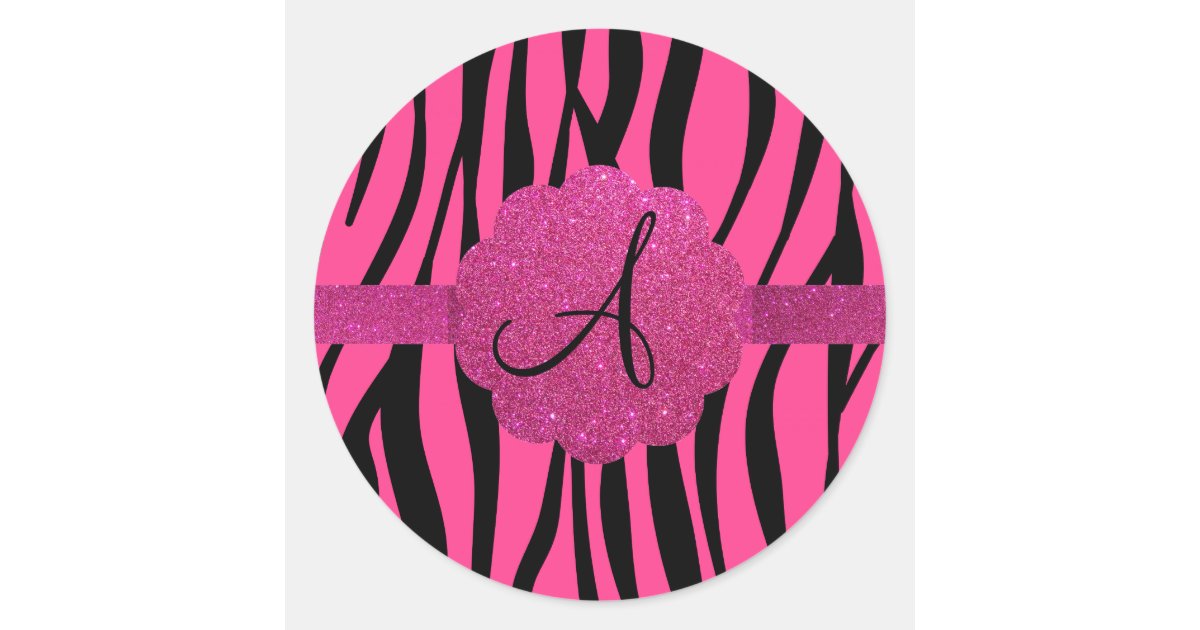 Pink zebra stripes monogram classic round sticker | Zazzle