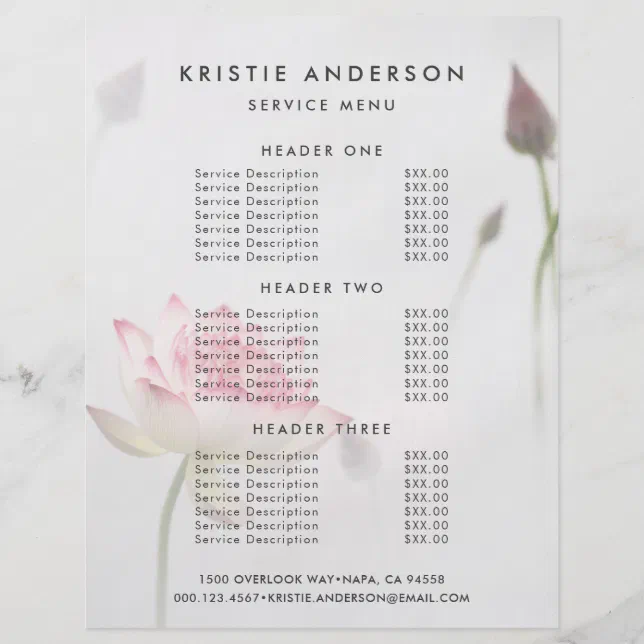©Pinkish White Lotus Flower Service & Price List Flyer | Zazzle