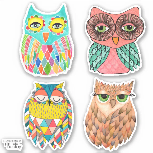 Pip Pip Hooray Owls Illustration Art Vinyl Sticker | Zazzle