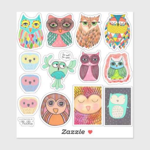 Pip Pip Hooray Owls Illustration Drawing Art Vinyl Sticker | Zazzle