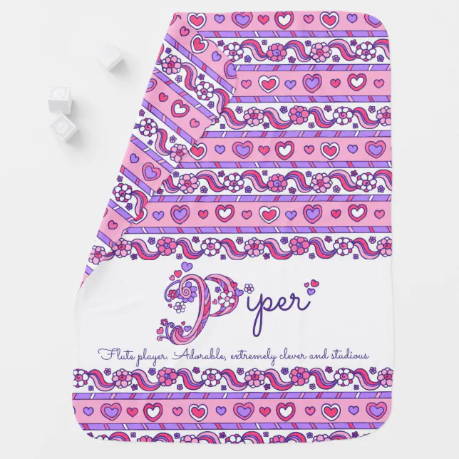 Piper name meaning pink purple heart and flower baby blanket | Zazzle