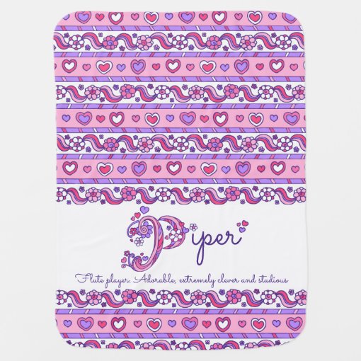 Piper name meaning pink purple heart and flower baby blanket | Zazzle