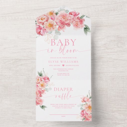 Piper Peony Floral Baby Shower Baby In Bloom All In One Invitation | Zazzle
