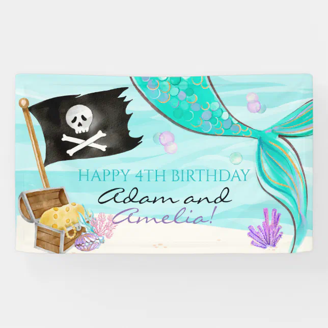 Pirate and Mermaid Tail joint Birthday Banner | Zazzle