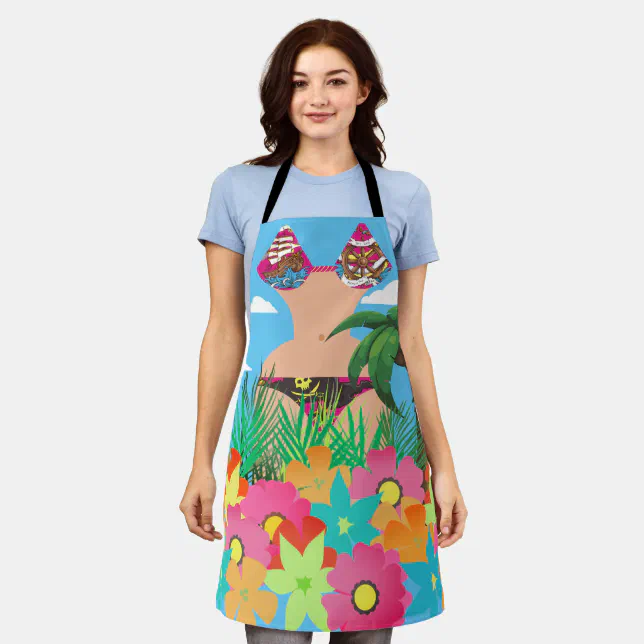 Pirate bikini Hawaiian tropical flowers palm tree Apron | Zazzle